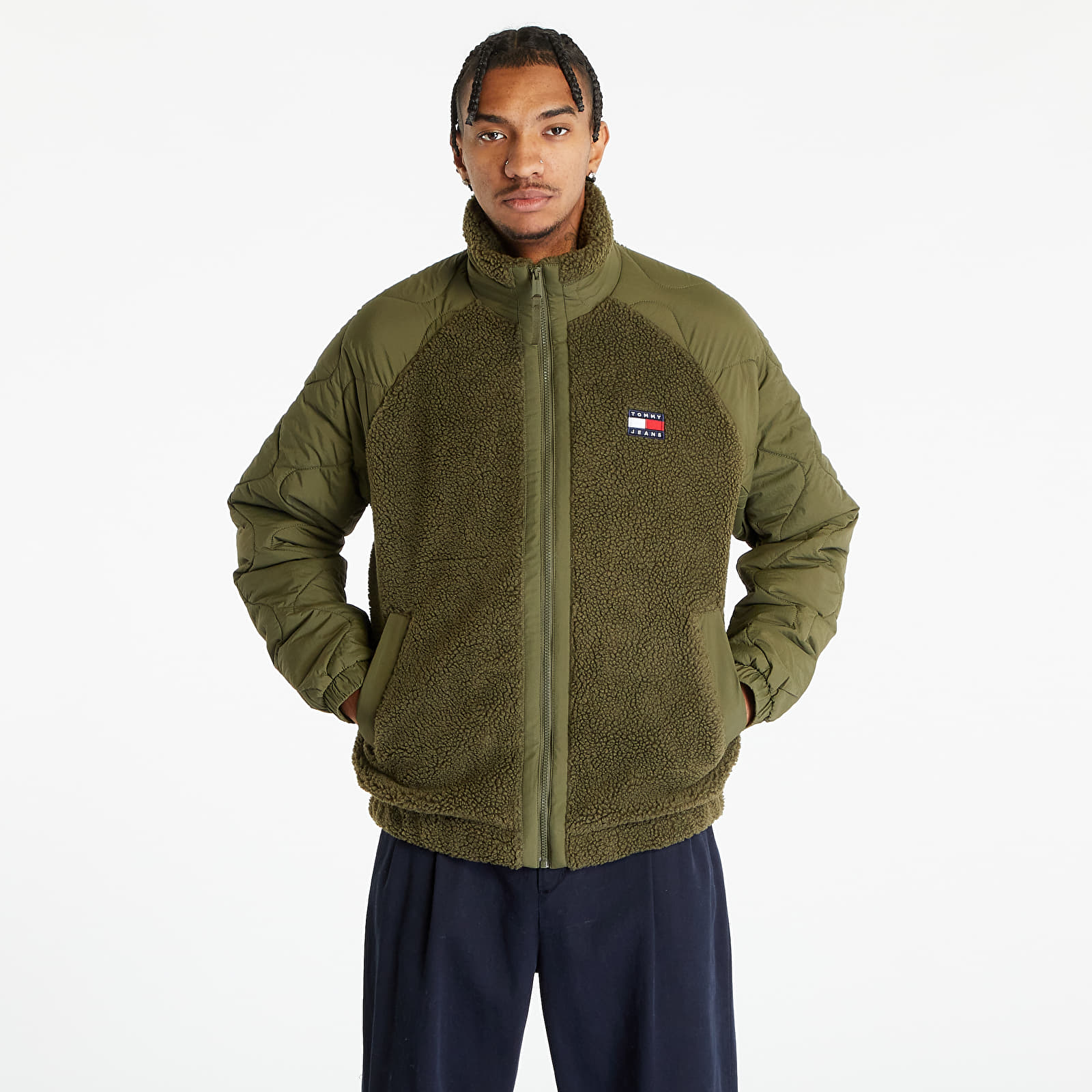 TOMMY JEANS Mix Media Sherpa Jacket Drab Olive Green | Queens
